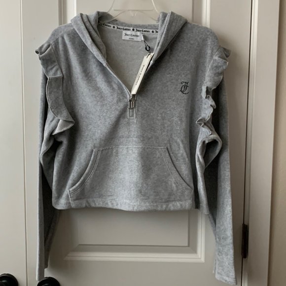 Juicy Couture | Sweaters | Juicy Couture Crop Ruffle Velour Quarter Zip Hoodie In Heather Grey ...
